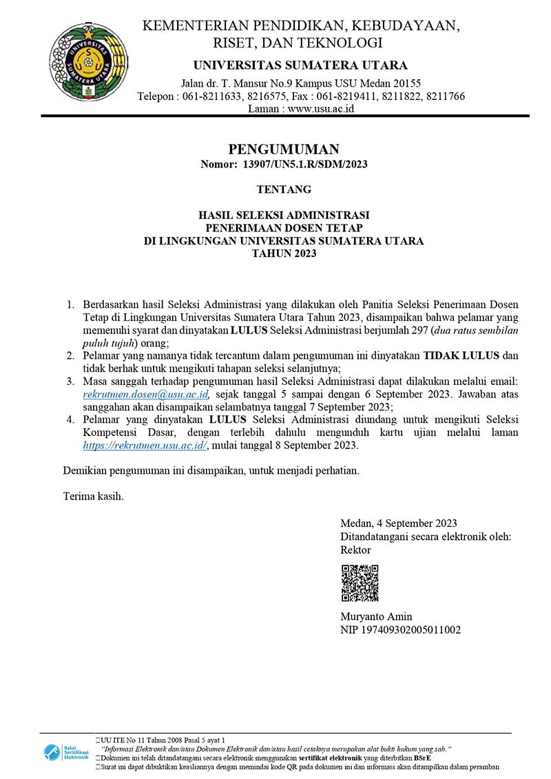 HASIL SELEKSI ADMINISTRASI PENERIMAAN DOSEN TETAP DI LINGKUNGAN UNIVERSITAS SUMATERA UTARA TAHUN ...