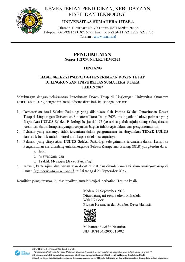 HASIL SELEKSI PSIKOLOGI PENERIMAAN DOSEN TETAP DI LINGKUNGAN UNIVERSITAS SUMATERA UTARA TAHUN ...