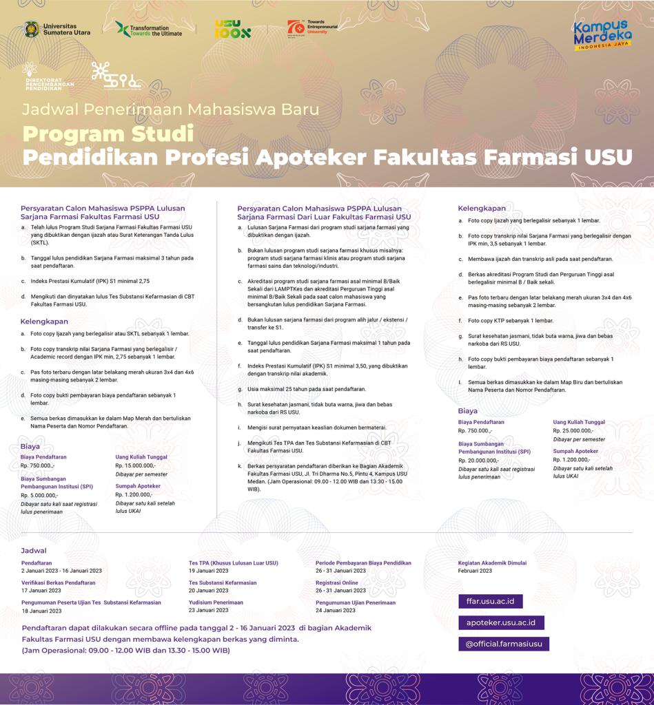 Jadwal Penerimaan Mahasiswa Baru Program Studi Pendidikan Profesi Apoteker Fakultas Farmasi USU ...