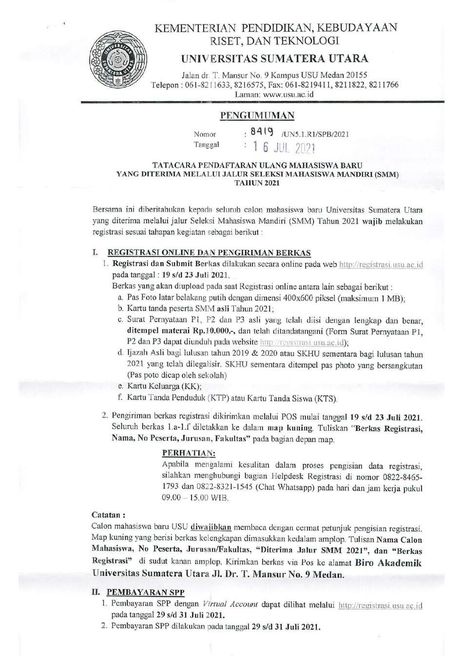 Pengumuman Tatacara Pendaftaran Ulang Mahasiswa Baru Yang Diterima Melalui Jalur SMM 2021 ...