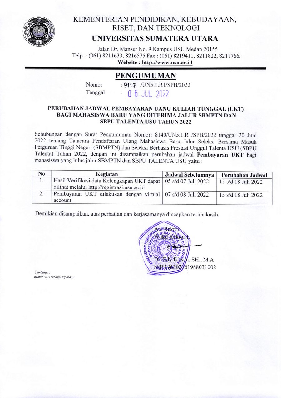 Perubahan Jadwal Pembayaran Uang Kuliah Tunggal (UKT) Bagi Mahasiswa Baru yang Diterima Jalur ...