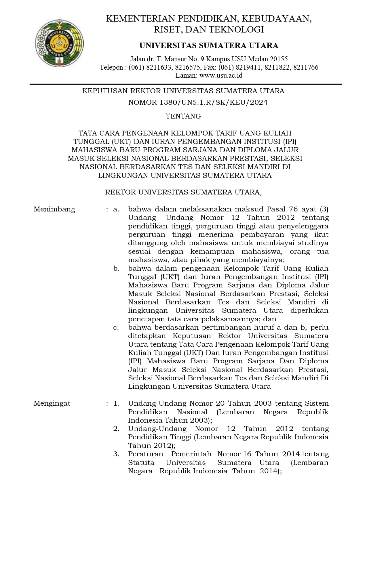 Tata Cara Pengenaan UKT dan IPI | Universitas Sumatera utara