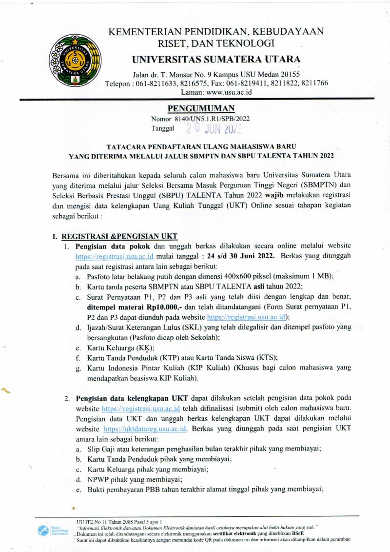 Tatacara Pendaftaran Ulang Mahasiswa Baru Yang Diterima Melalui Jalur SBMPTN dan SBPU TALENTA ...